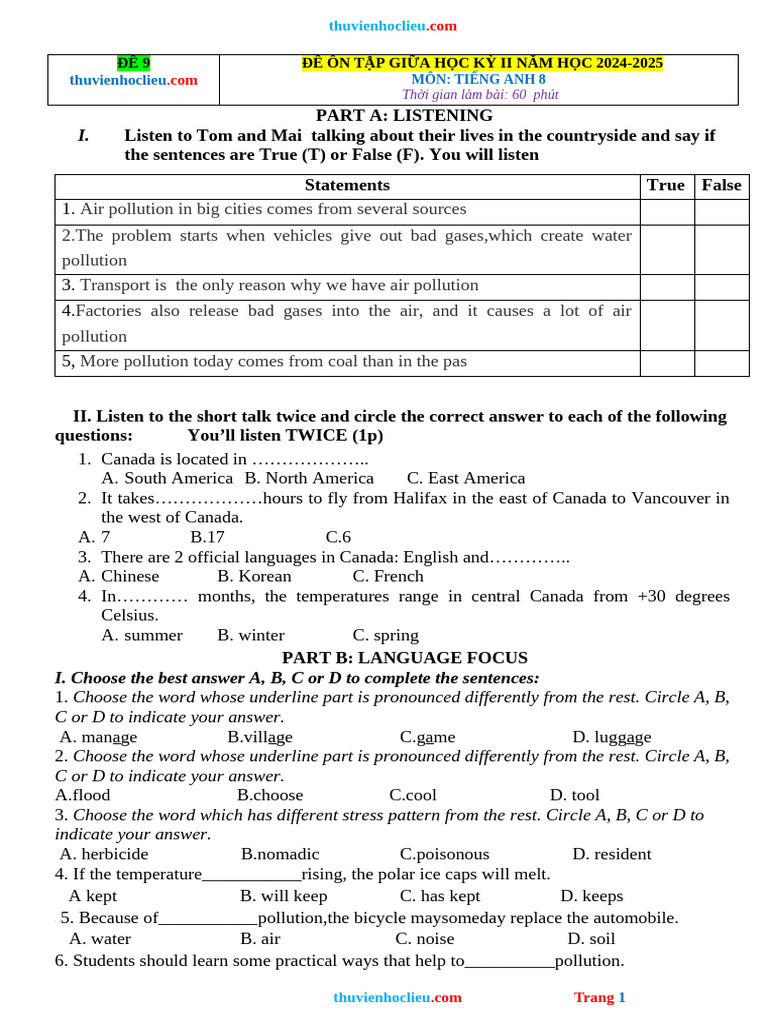 Thuvienhoclieu.com de Kiem Tra Giua HK2 Anh 8 de 9 | PDF | Greenhouse Effect