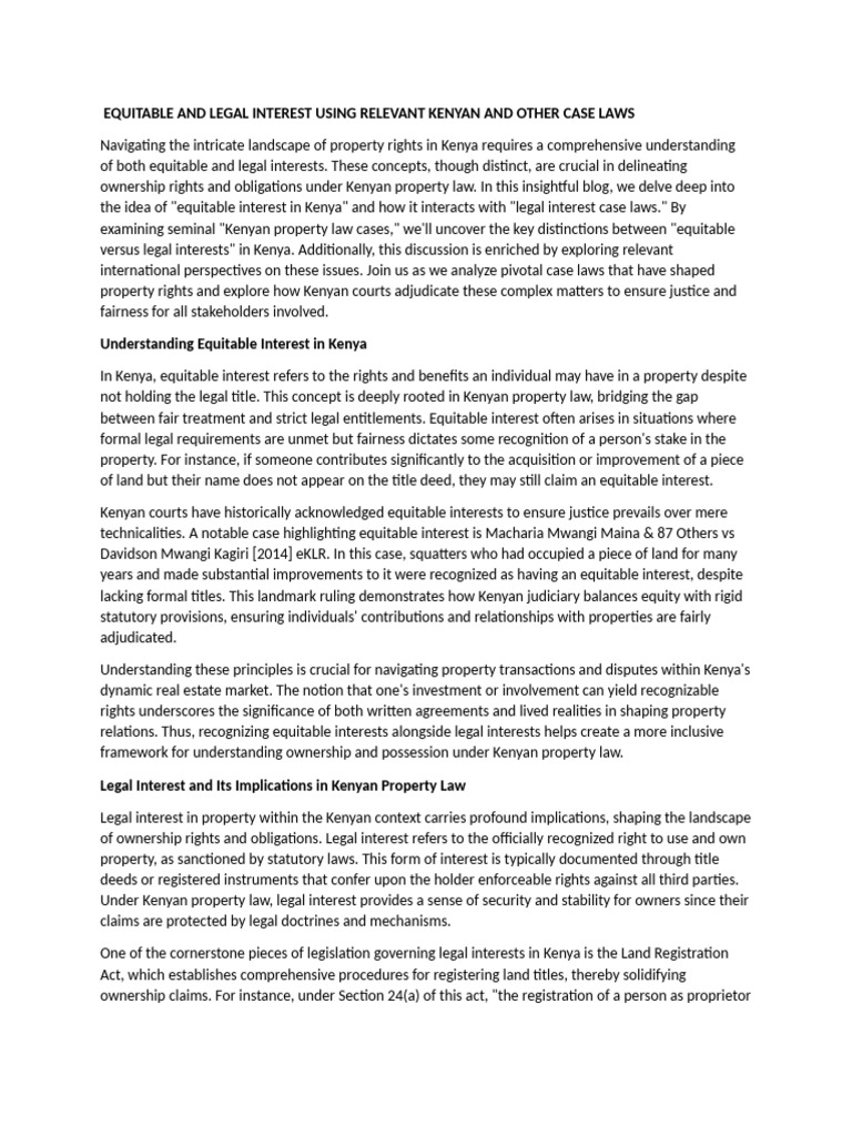 Equitable and Legal Interest Using Relevant Kenyan and Other Case Laws ...