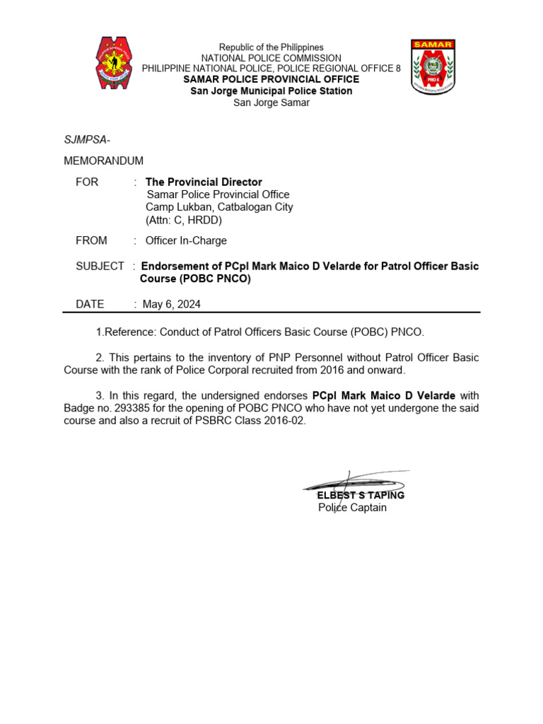 Endorsement for POBC: PCpl Velarde | PDF