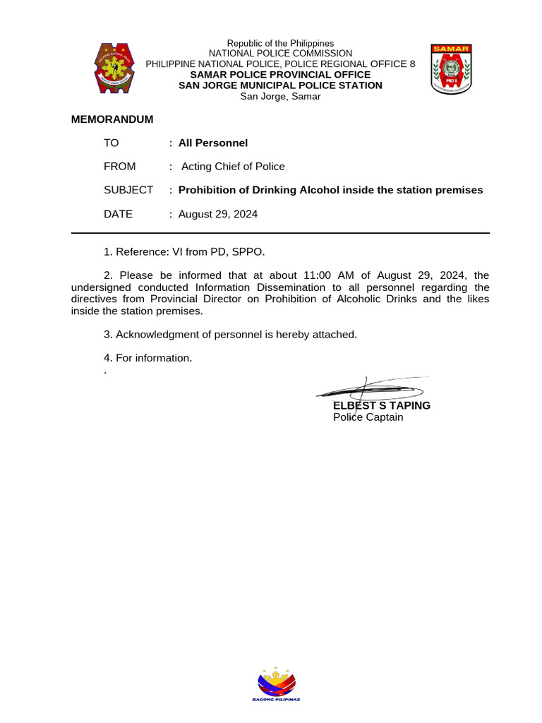 Alcohol Prohibition Memorandum | PDF