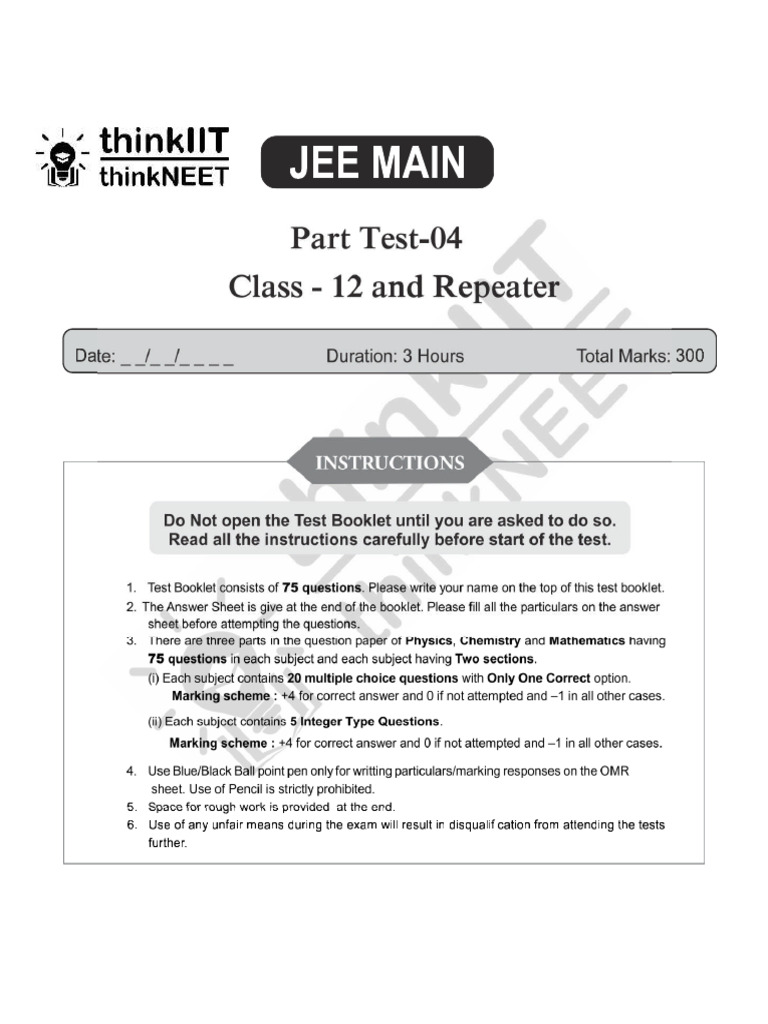 12th-JEE Main Part Test-04 AITS - PCM - WA - Eng - Print | PDF