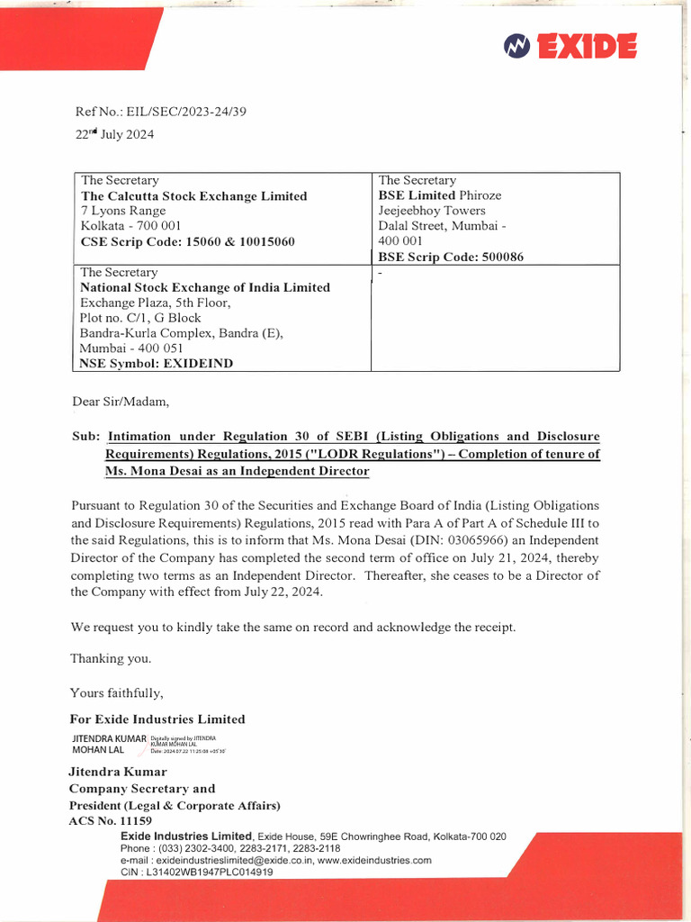 Exide: Refno.: Eil/Sec/2023-24/39 22 July 2024 | PDF