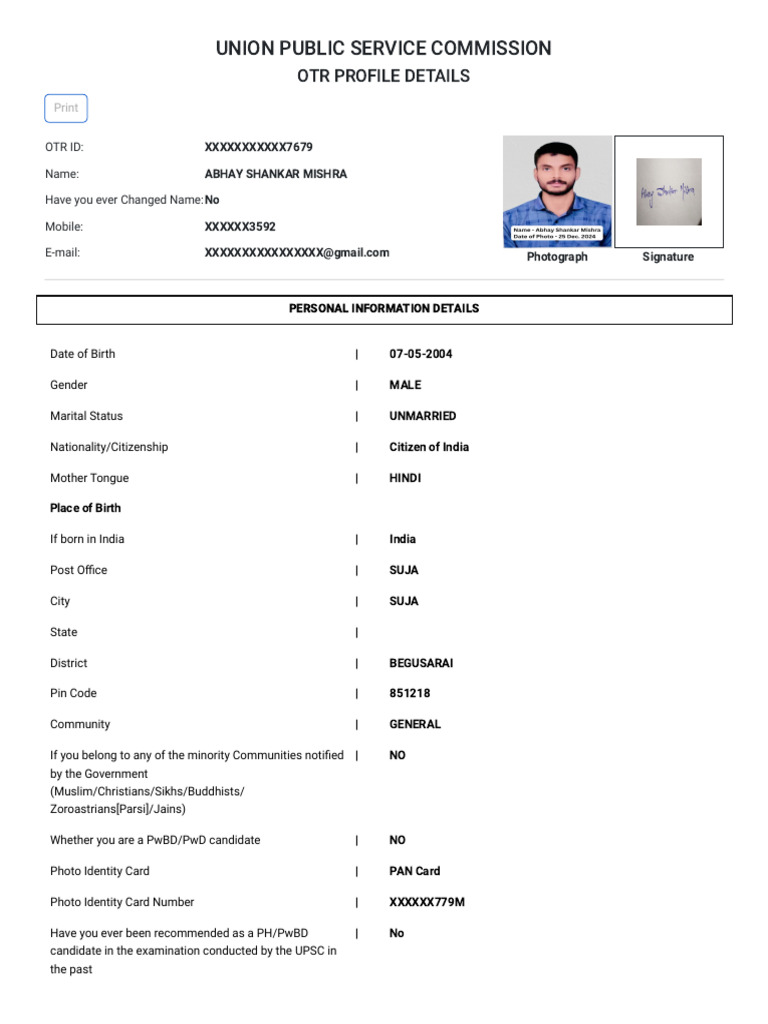 View Otr Profile - Upsc | PDF | Identity Document