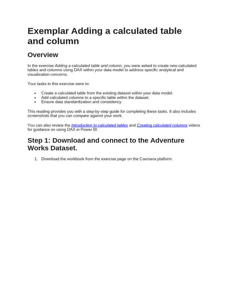 Exemplar Adding a calculated table and column | PDF | Microsoft Excel | Data