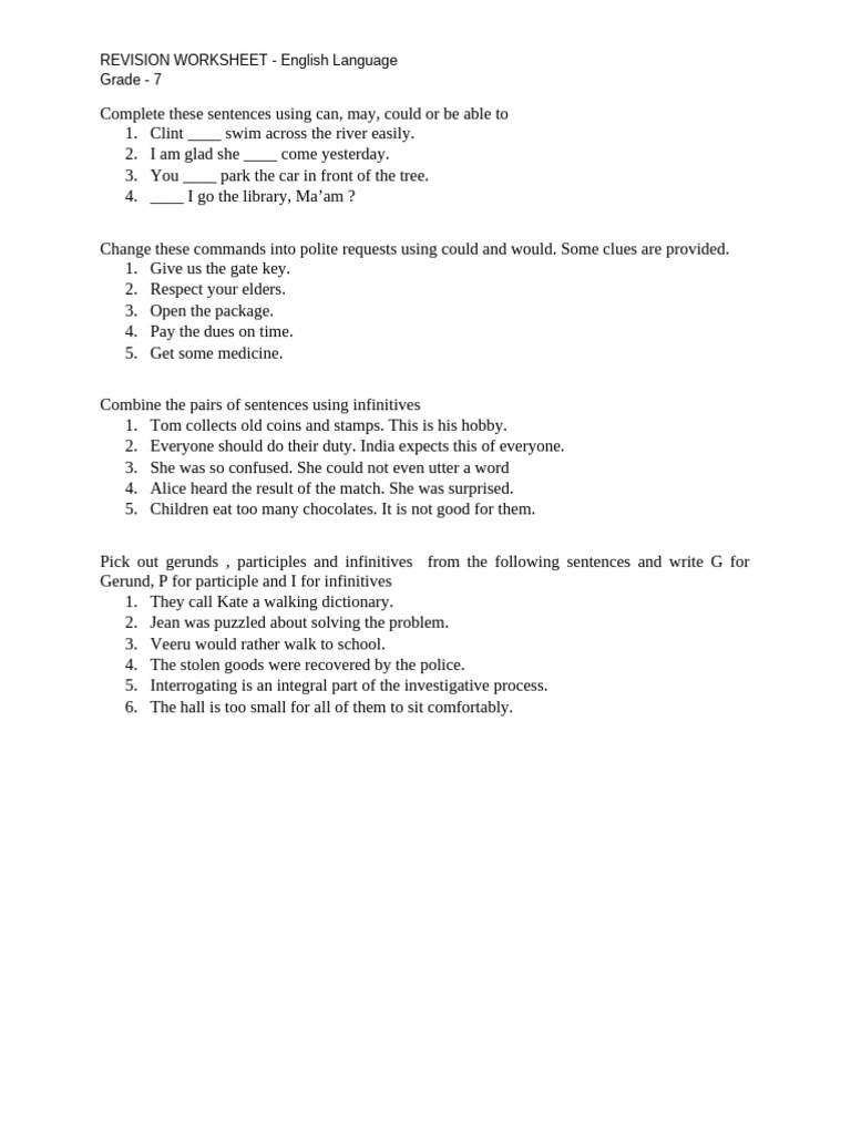 Revision Worksheet Grade 7 English | PDF