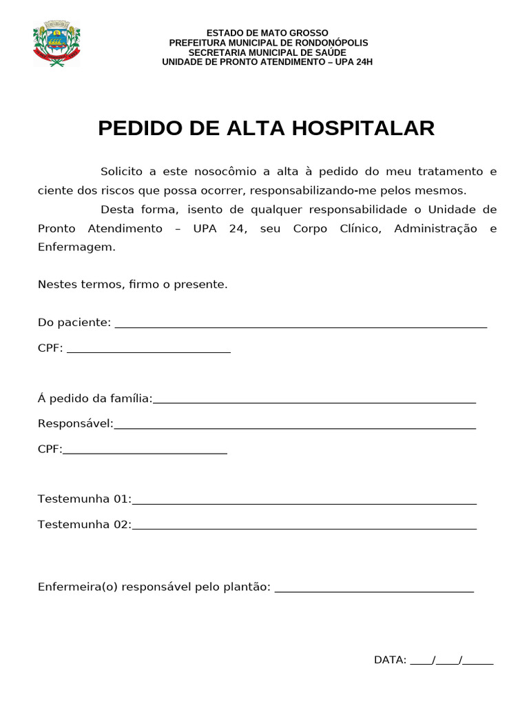 Pedido de Alta Hospitalar UPA Rondonópolis | PDF
