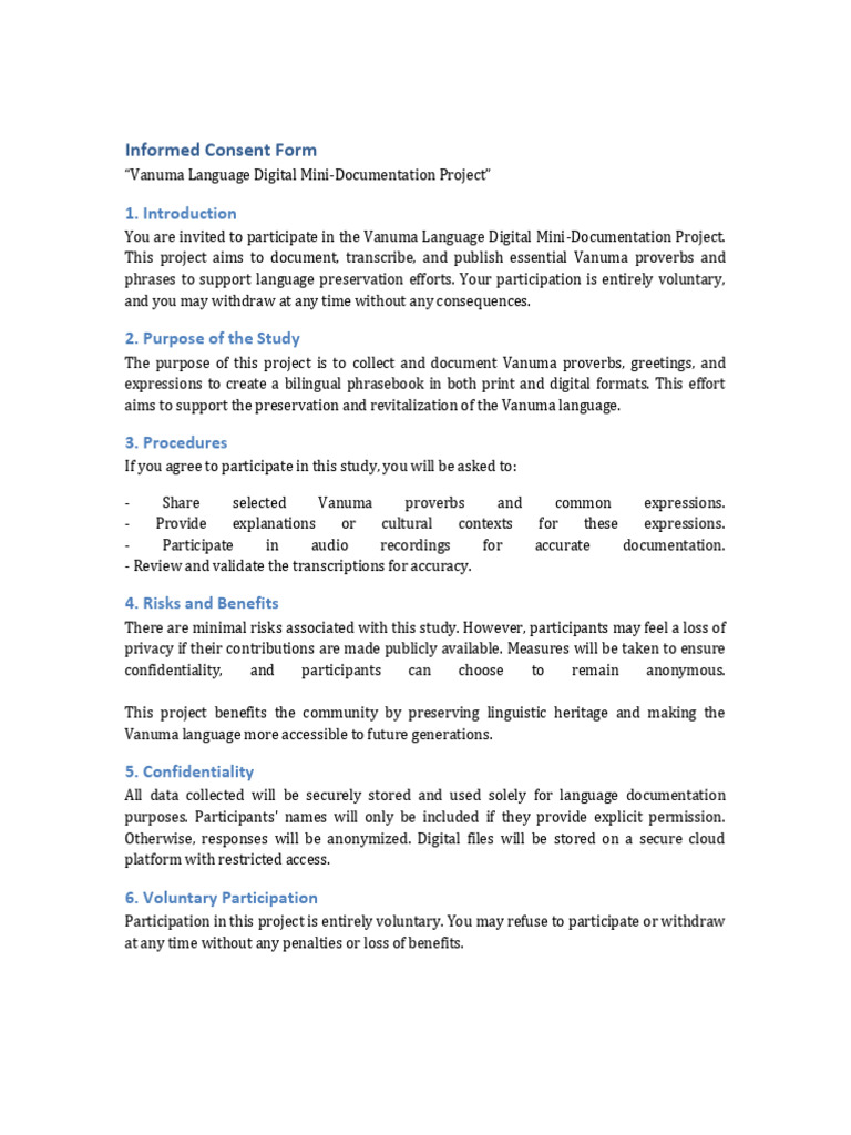 Vanuma Language Documentation Consent | PDF | Consent | Linguistics