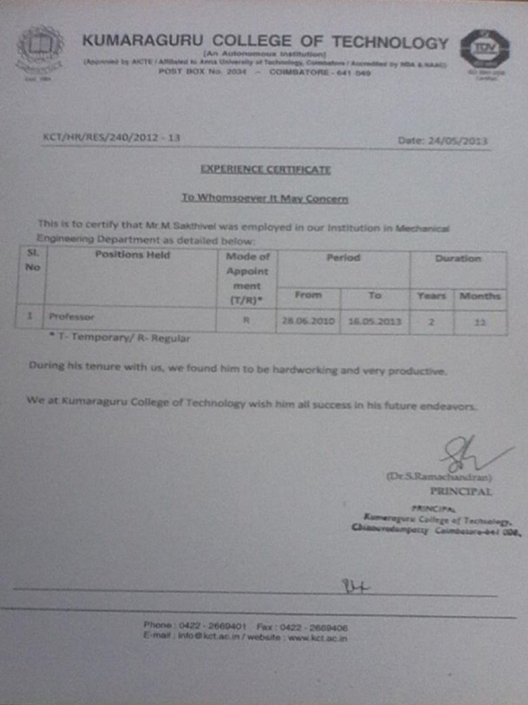 KCT Experience Certificate | PDF