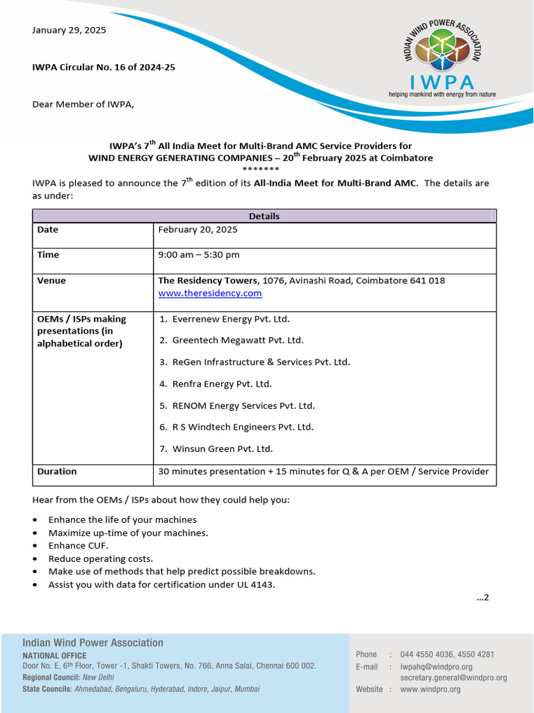 IWPA Circular No 16 of 2024-25-7th AMC Meet at Coimbatore on 20-2-25 ...