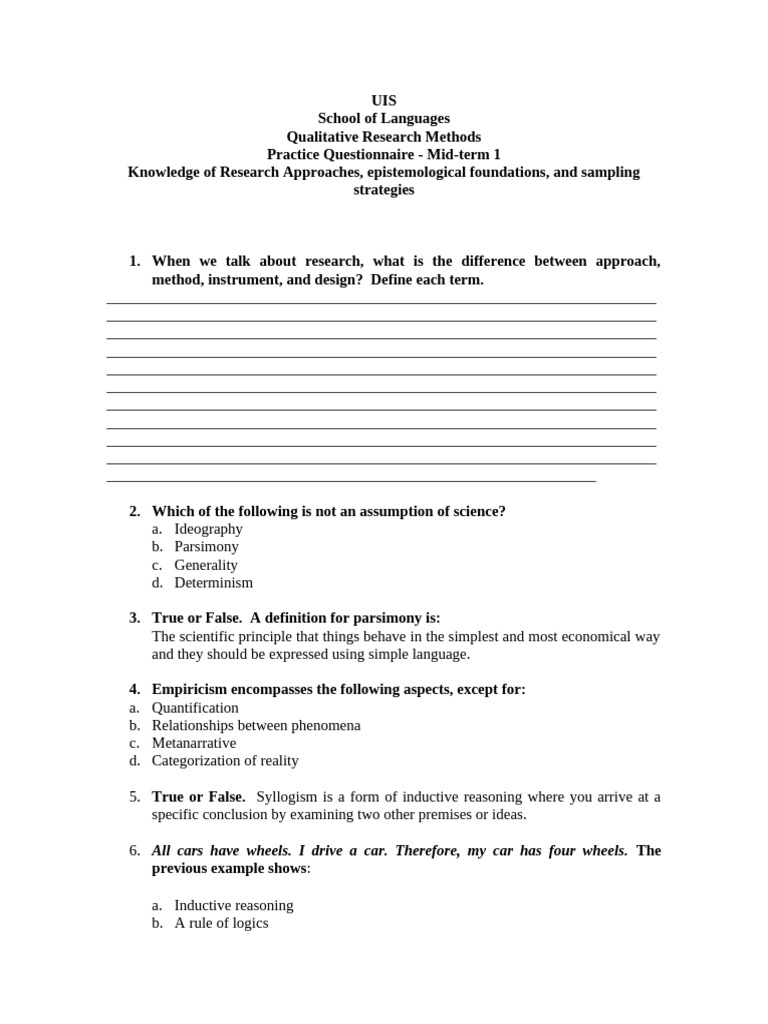 Questionnaire - Getting Ready For Mid-Term 1 | PDF | Inductive ...