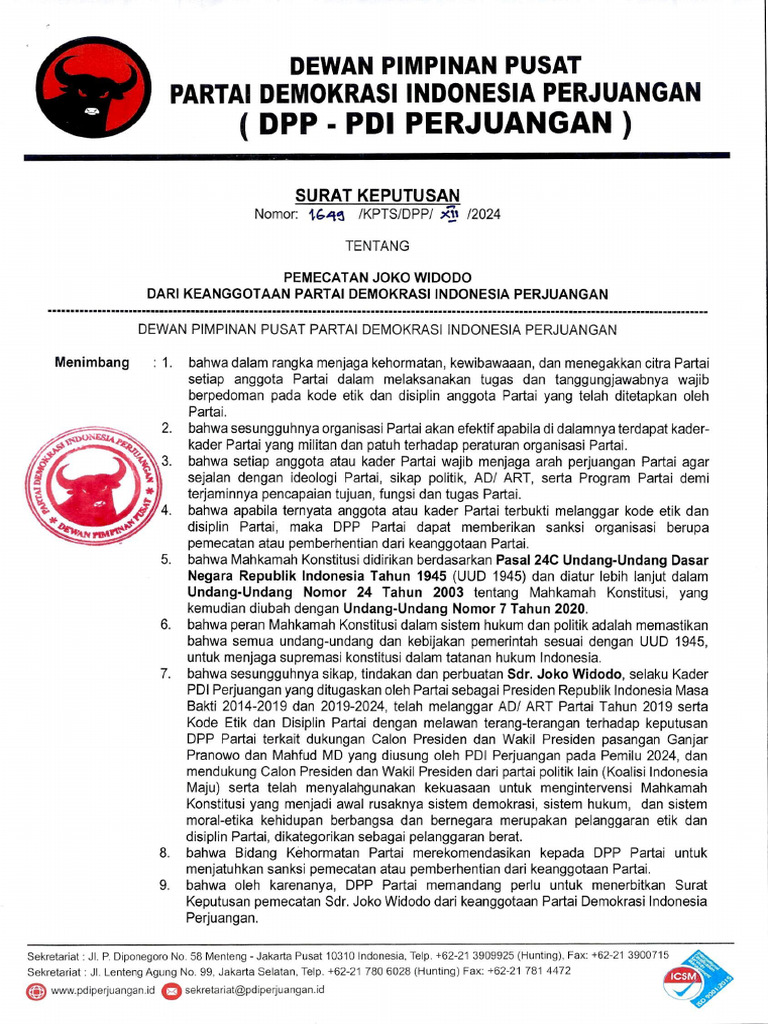 Surat Keputusan No. 1649 - Pemecatan Joko Widodo Karena Tidak Mematuhi Keputusan DPP Pdi ...