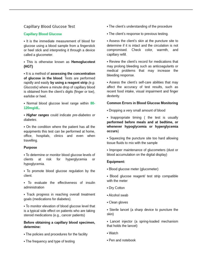 Capillary_Blood_Glucose_Test_notes.docx | PDF | Diabetes | Human ...