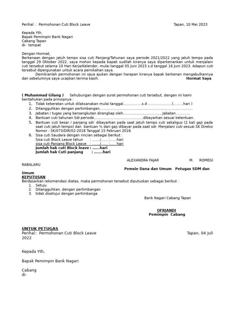 Permohonan Cuti Block Leave Bank Nagari | PDF