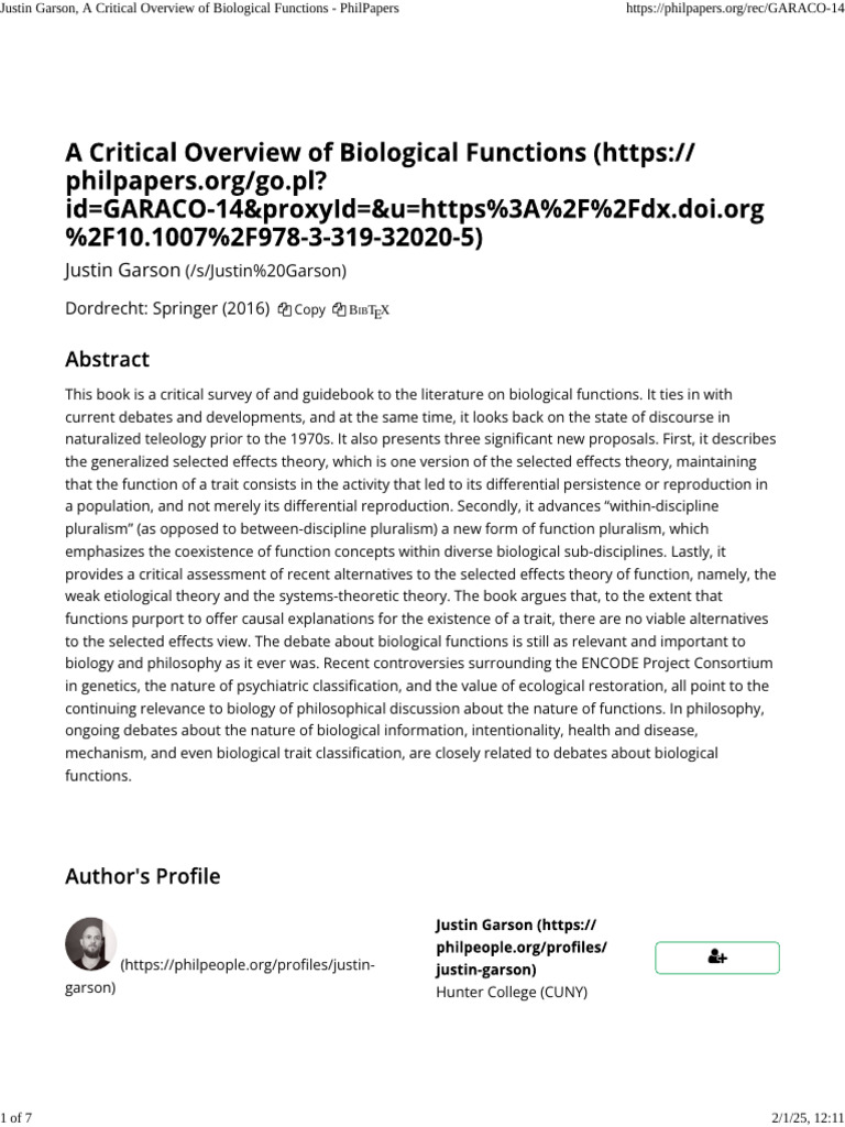 Justin Garson, A Critical Overview of Biological Functions - PhilPapers ...