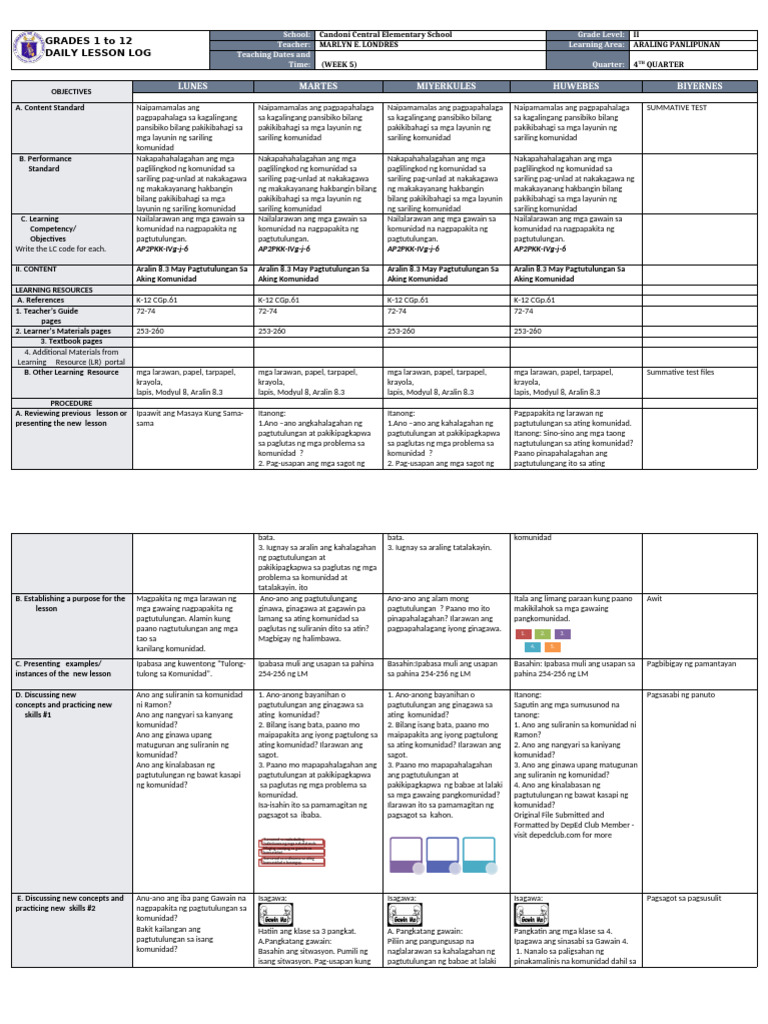 DLL - Araling Panlipunan 2 - Q4 - W5 | PDF