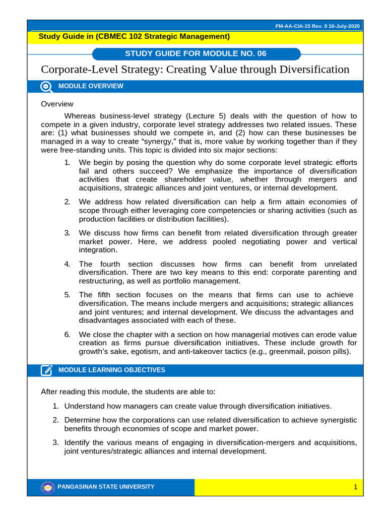 SG 6 Corporate Level Strategy Creating Value Through Diversification | PDF | Mergers And ...
