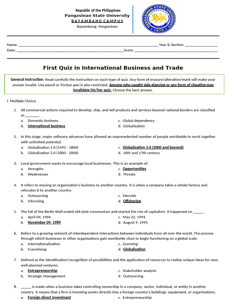 1st Quiz Module 1 Key | PDF | Strategic Management | Entrepreneurship