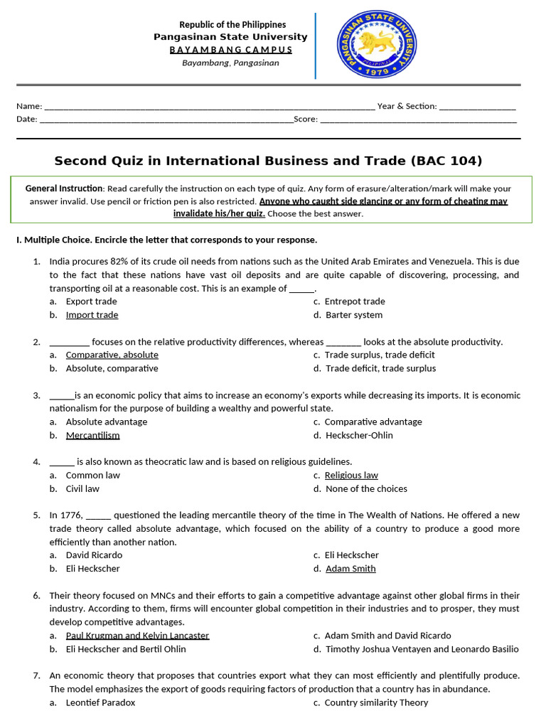 2nd Quiz Module 2 Key | PDF | Economies | Trade