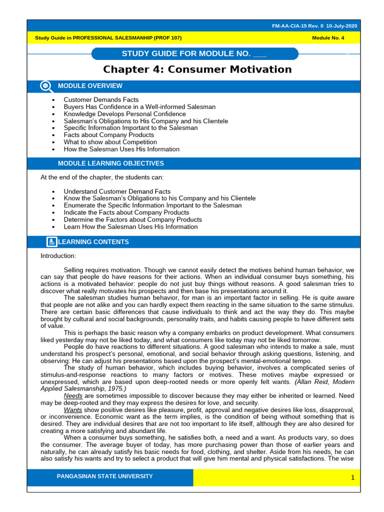 Study Guide Module 4 Consumer Motivation | PDF | Motivation | Motivational