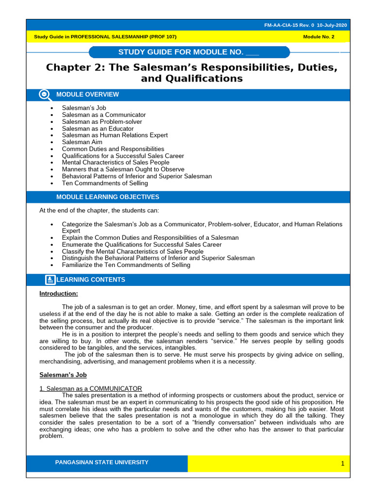Study Guide Module 2 The Salesmans Responsibilities Duties and ...