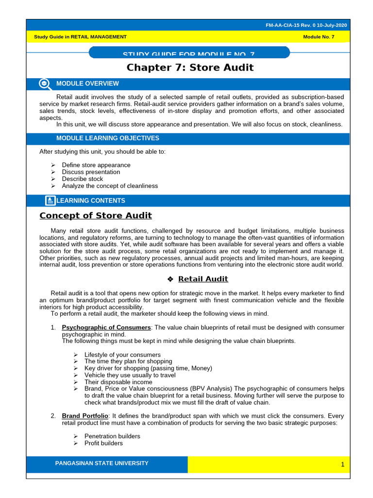 Study Guide Module 7 Store Audit | PDF | Retail | Brand