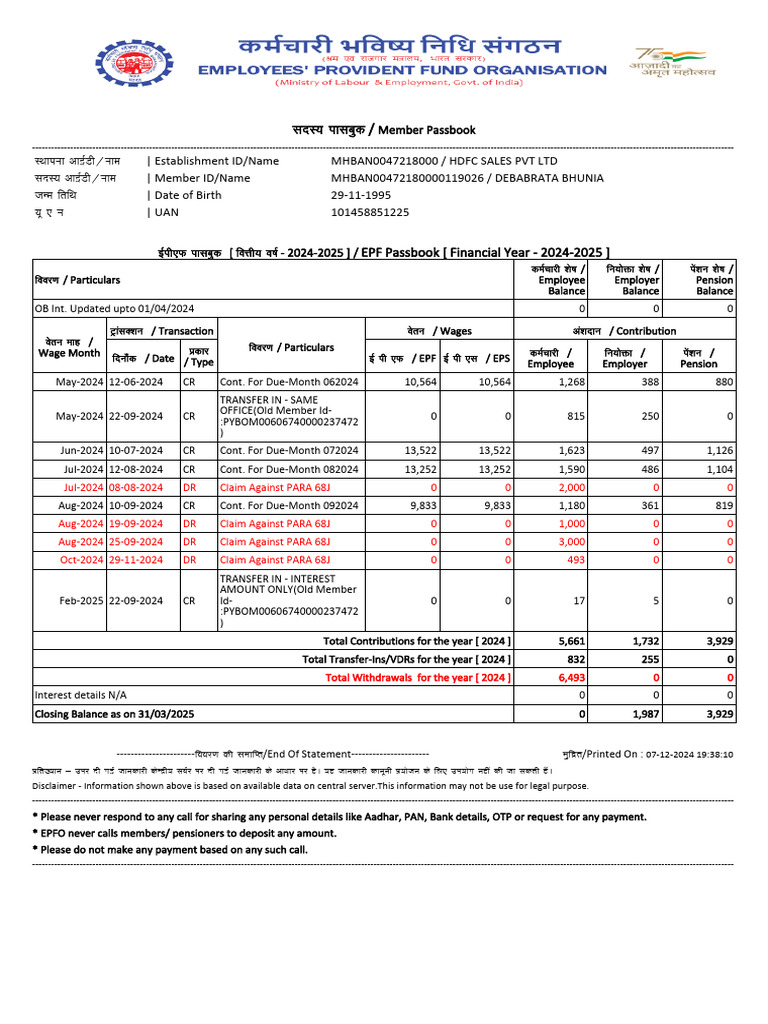 EPF Statement for 2024-2025 | PDF | Personal Finance | Financial Services