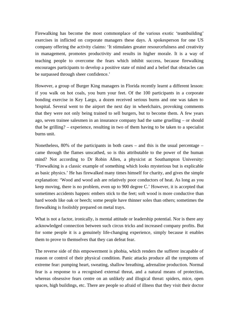 Firewalking_Writing Prac | PDF | Fear | Phobia