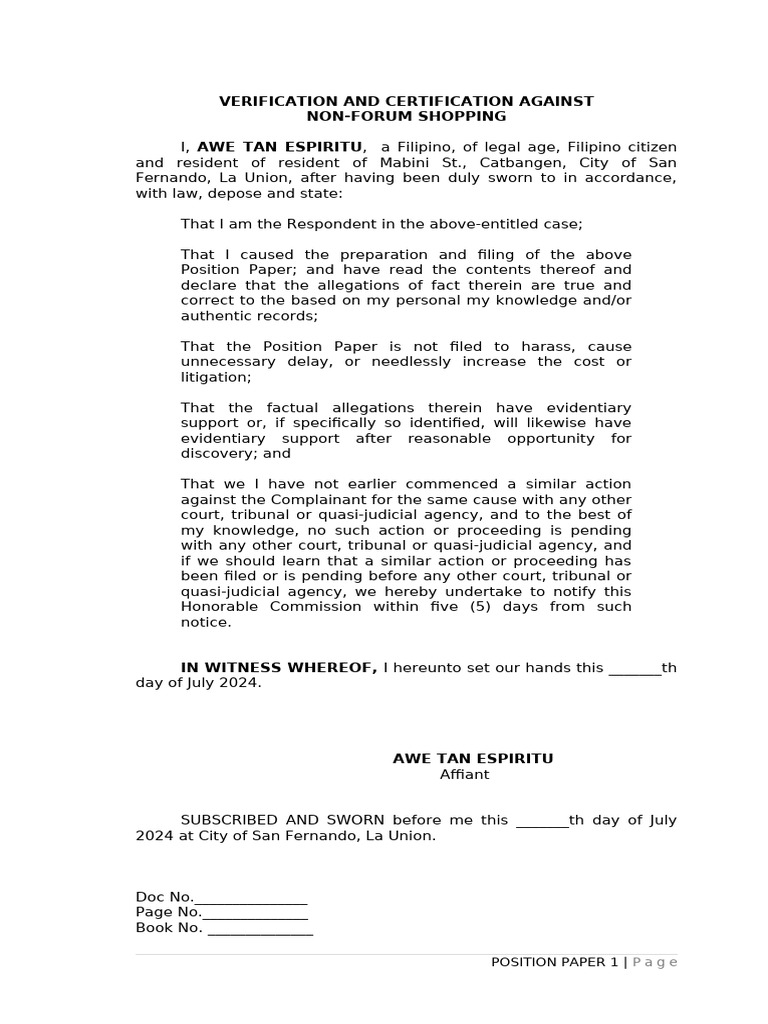 Certification of Non Forum Shopping For Printing | PDF