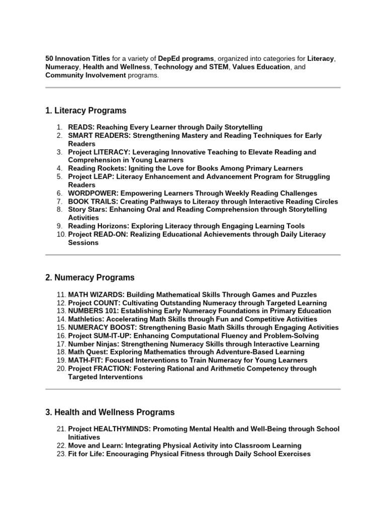 Innovative Literacy Program Titles | PDF | Learning | Science ...