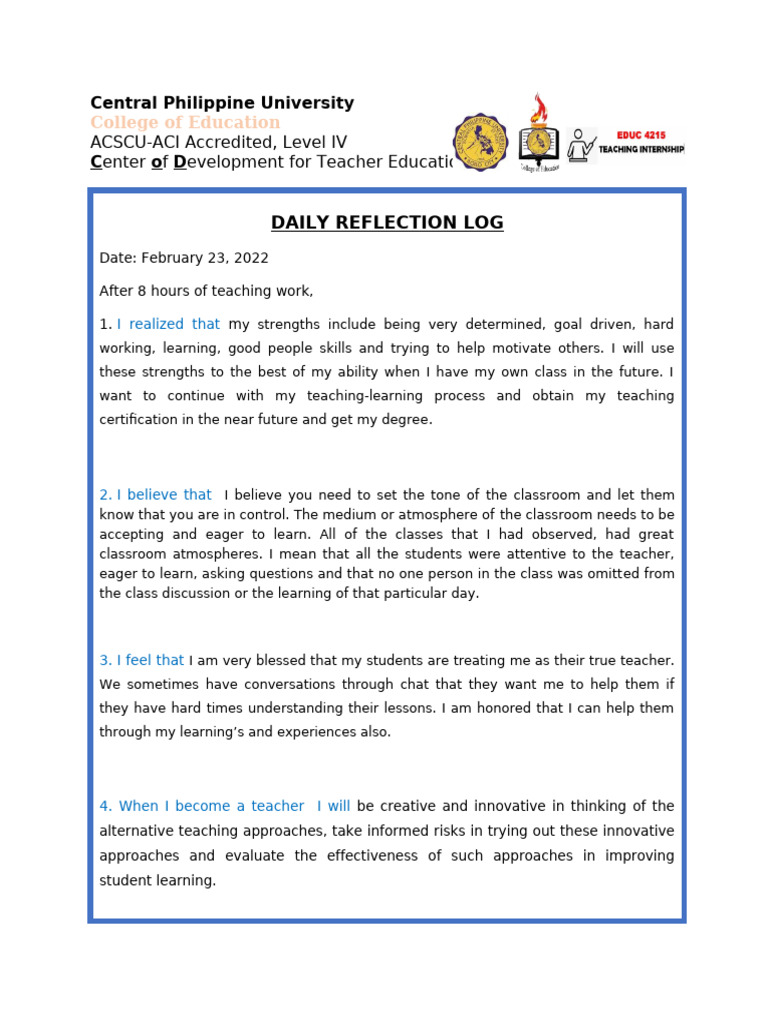 Daily Reflection and Activity Log 8 | PDF | Teachers | Teacher Education