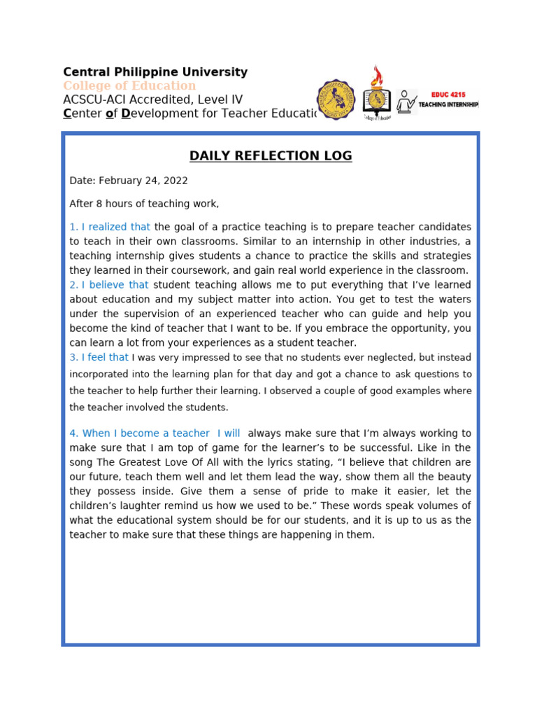 Daily Reflection and Activity Log 9 | PDF | Teachers | Teacher Education