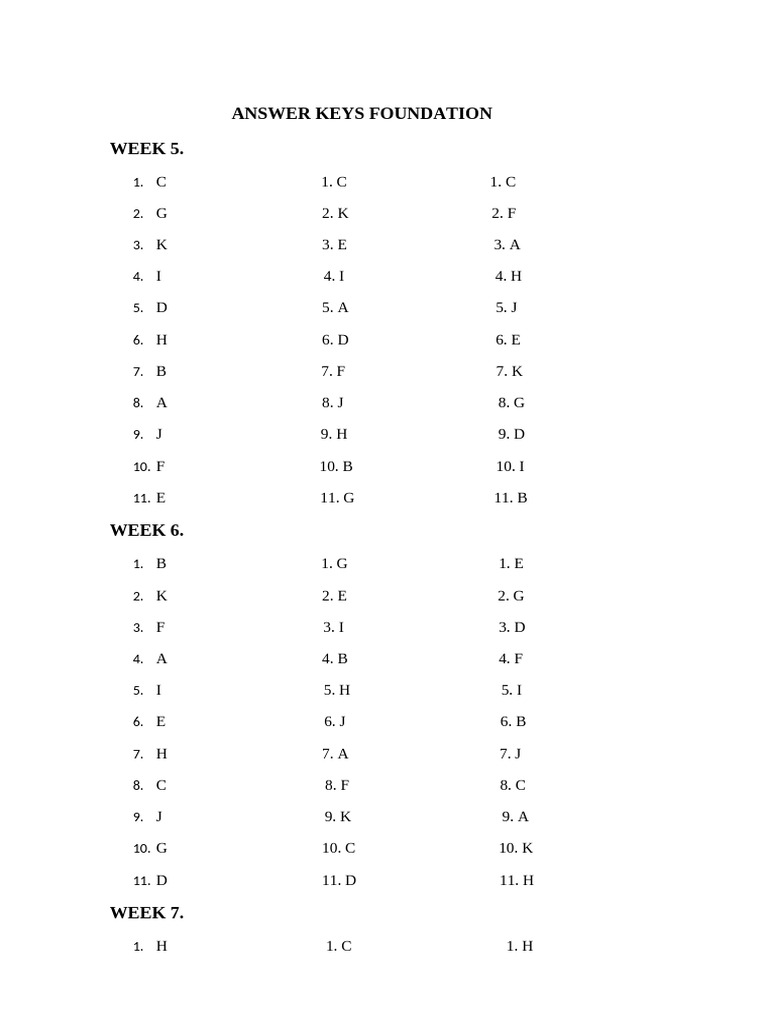 Weekly Answer Keys for Foundation | PDF