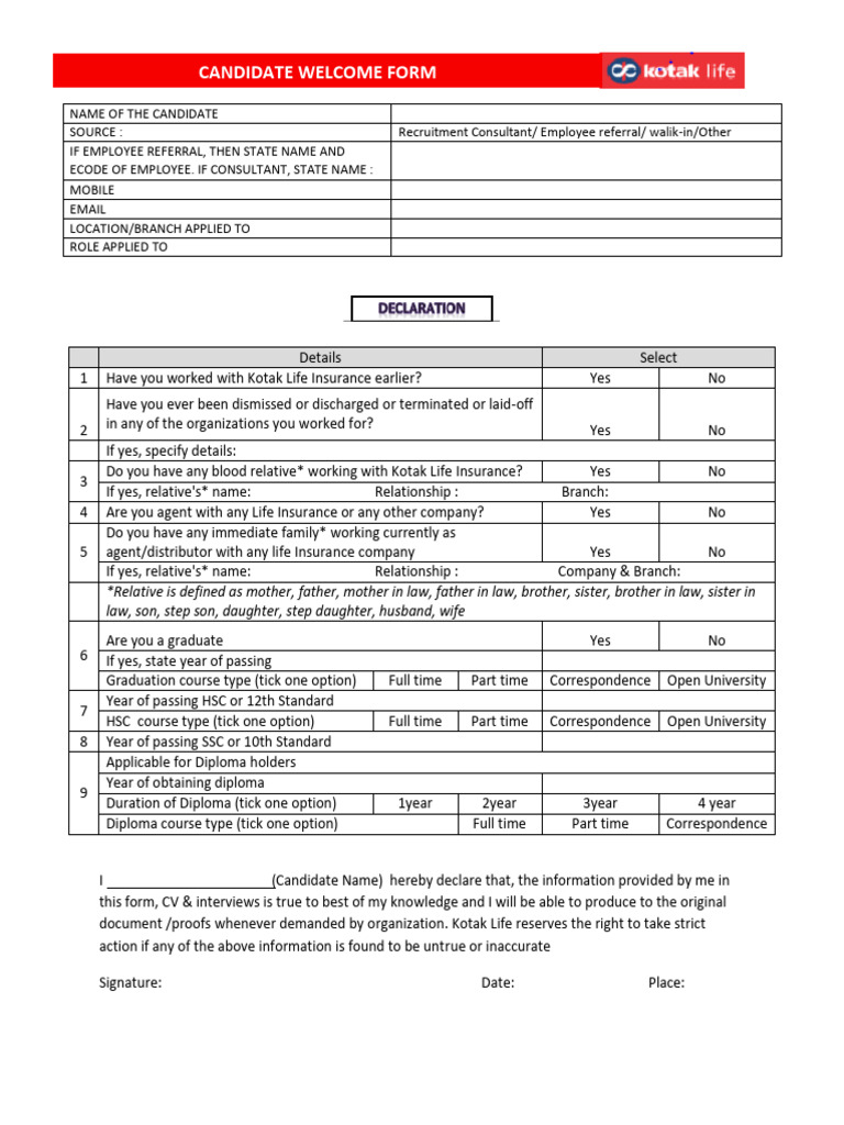 Candidate Welcome Form for Kotak Life | PDF | Recruitment