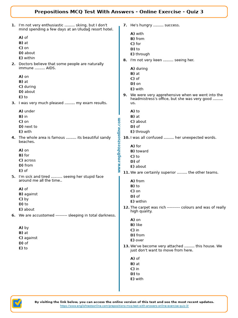 558 - Prepositions MCQ Test With Answers Online Exercise Quiz 3 | PDF