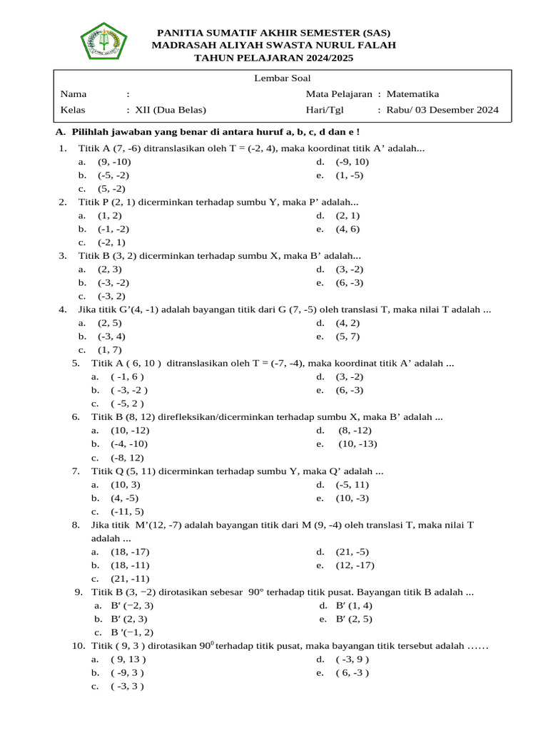 MTK Kelas Xii Panitia Sumatif Akhir Semester | PDF