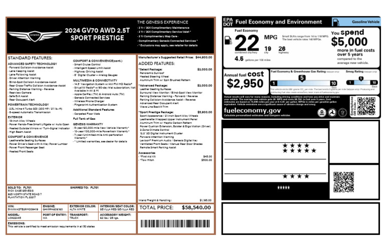 Monroney Label - Genesis USA | PDF | Fuel Economy In Automobiles ...