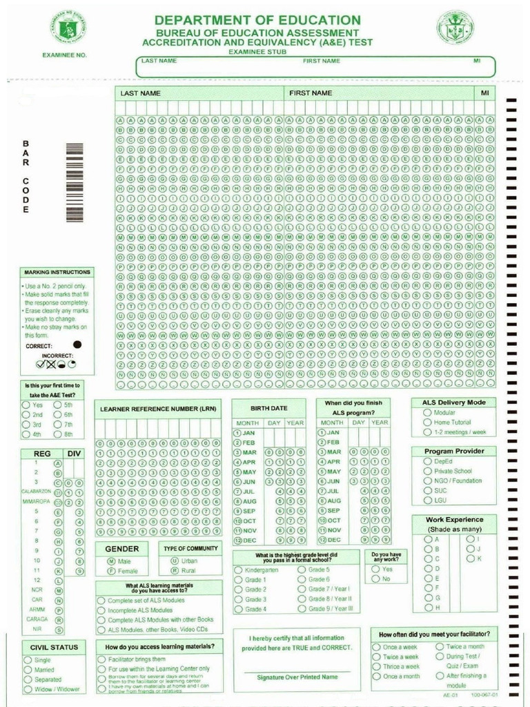Sample of A and E Answer Sheet All New | PDF