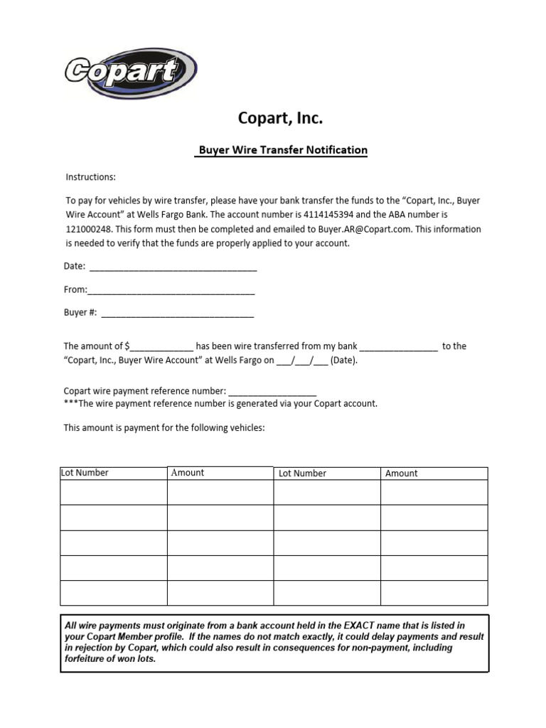 Copart Wire Transfer Payment Instructions | PDF