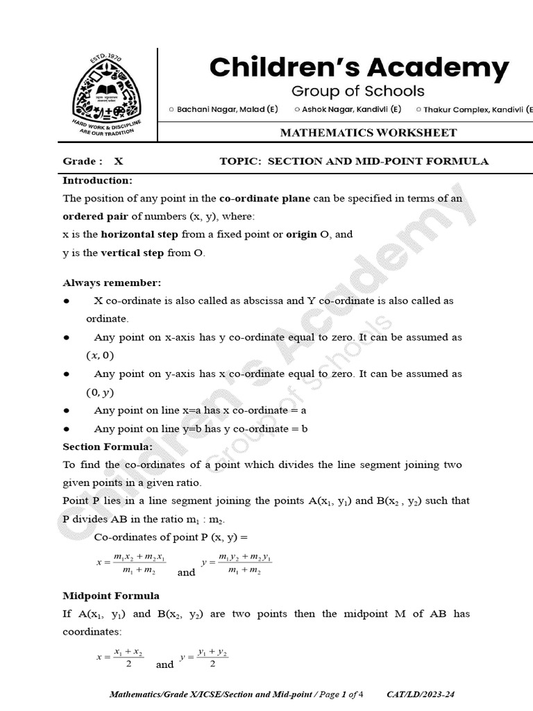 G-10 - Section and Midpoint Formula - WS-2023-24 | PDF | Cartesian ...