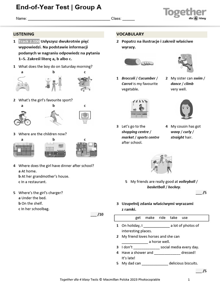 Together 1 End-of-Year Test Standard A | PDF