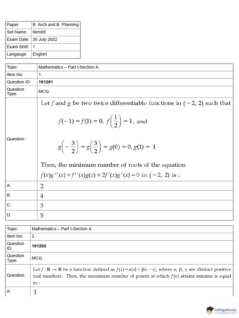 JEE Main 2022 B Arch and B Planning July 30 1 | PDF | Multiple Choice ...