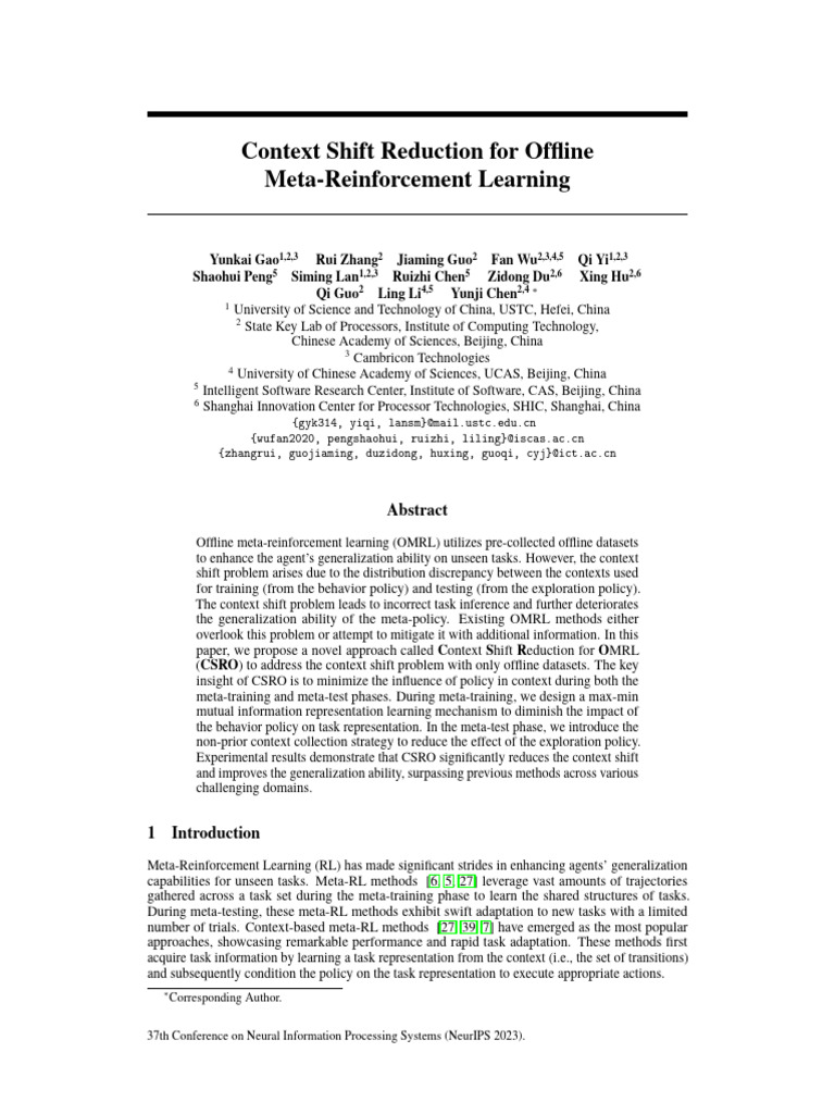 NeurIPS 2023 Context Shift Reduction For Offline Meta Reinforcement Learning Paper Conference ...