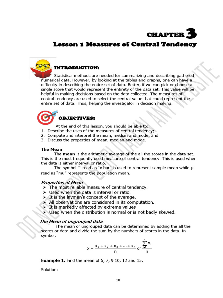 CHAPTER 3 Lesson 1 Measures of Central Tendency | PDF | Mode (Statistics) | Mean