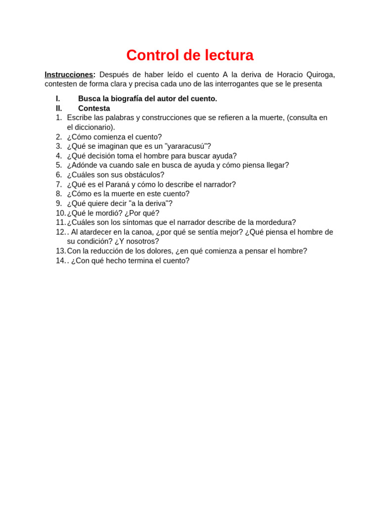 Control de Lectura Para El Cuento a La Deriva de Horacio Quiroga | PDF