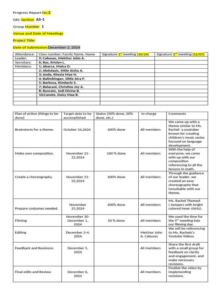 GEC 104 Progress Report Template | PDF