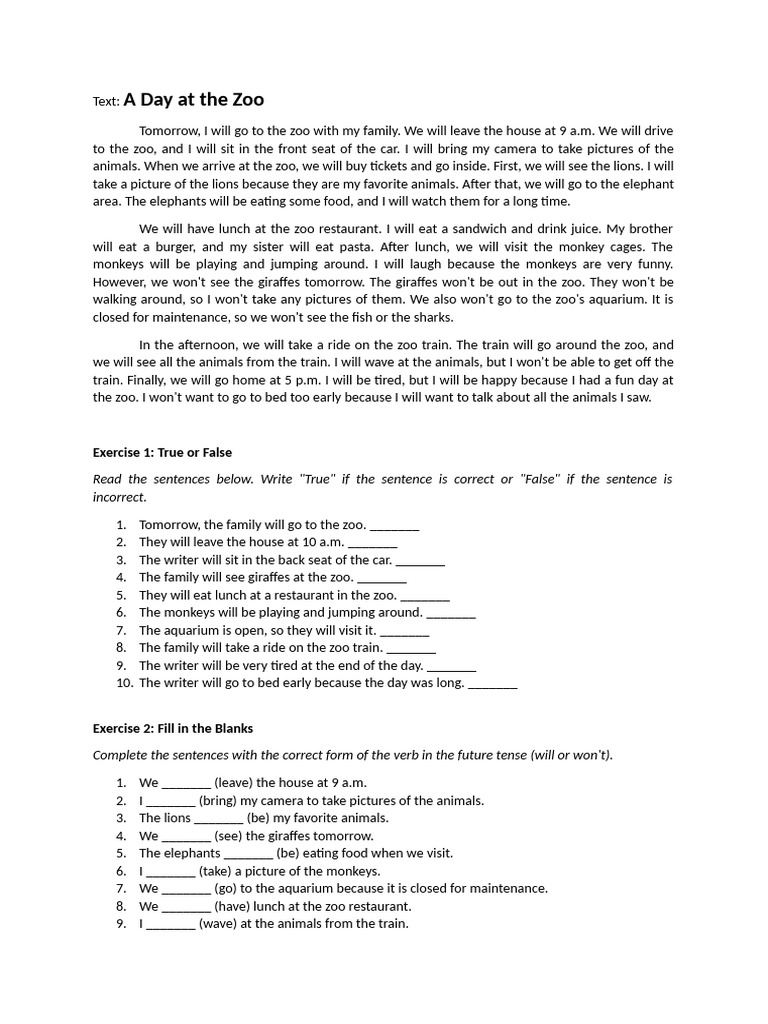 Future Tense Reading Comprehension Activity | PDF | Zoo