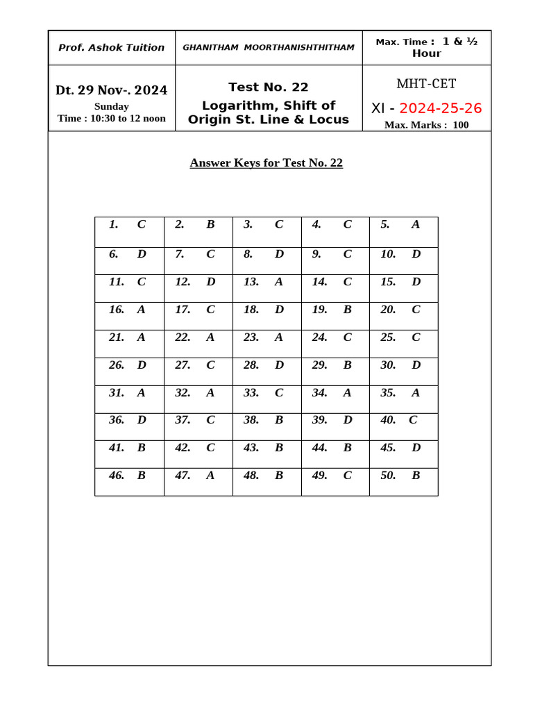 Answer Keys for Test No. 22 | PDF