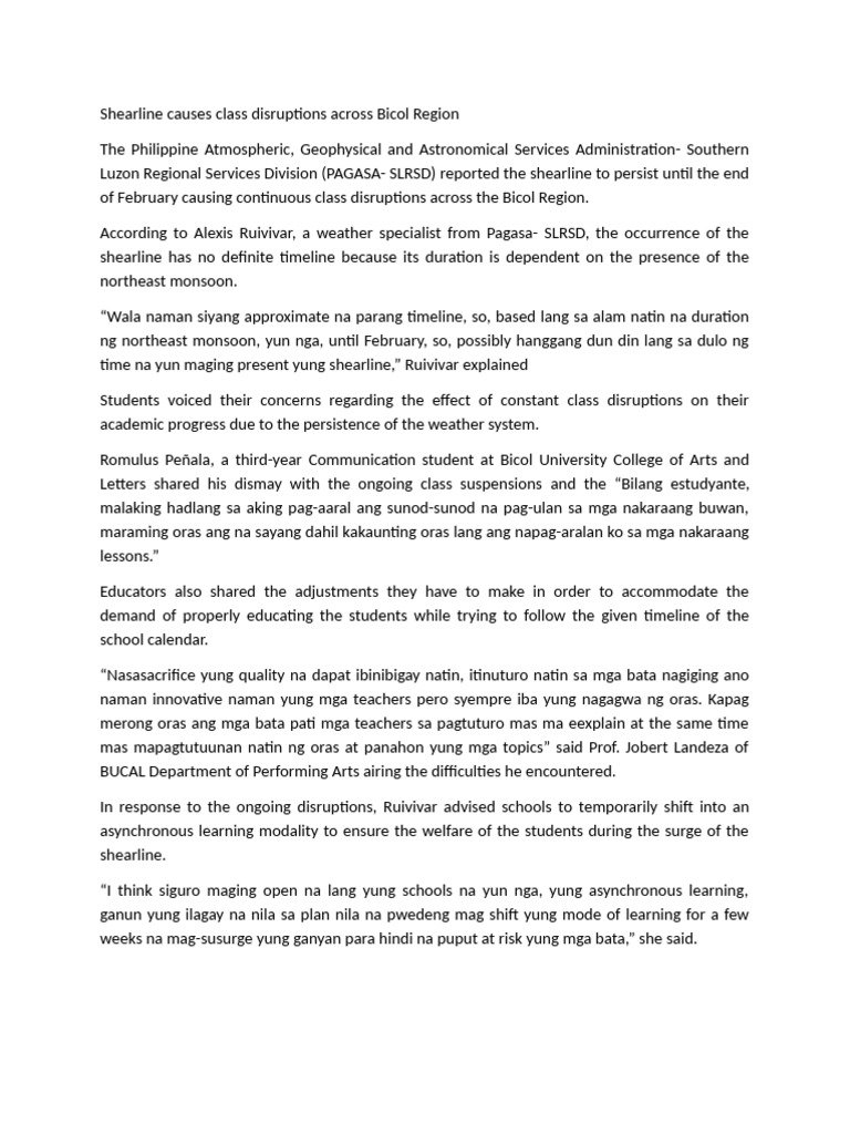 Shearline Disrupts Classes in Bicol Region | PDF | Tropical Meteorology ...