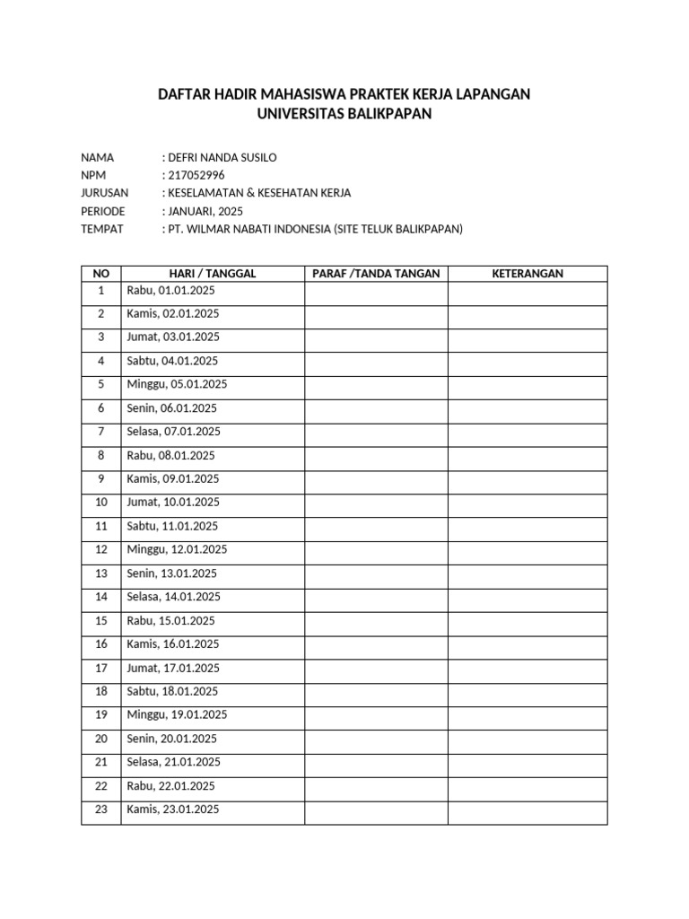 Daftar Hadir Mahasiswa Praktek Kerja Lapangan | PDF
