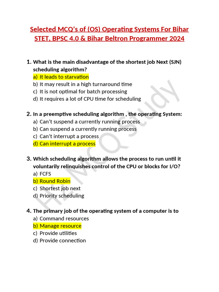 OS Class 07 Selected MCQ's of For Bihar STET, BPSC 4.0 & Bihar Beltron Programmer 2024 | PDF ...